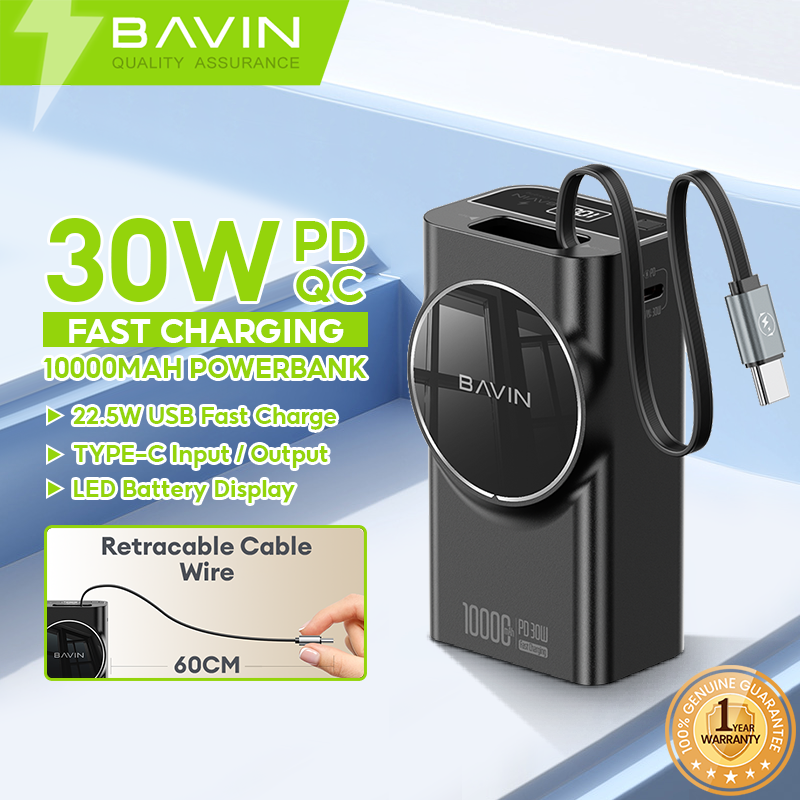 BAVIN Y-PC1121 10000mAh 30W Fast Charging Powerbank w/ Retractable Cab