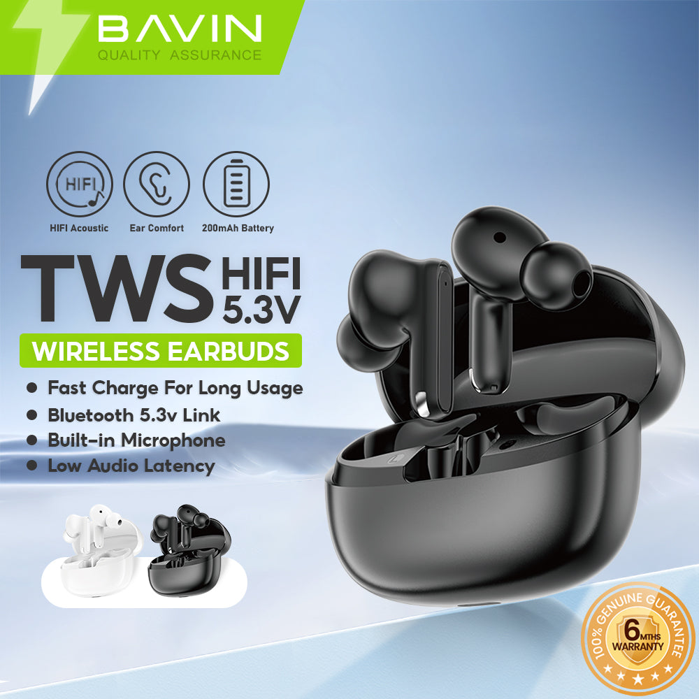 BAVIN HB-BA-100 Wireless Bluetooth Earbuds w/ Hi-Res Audio, Touch Cont