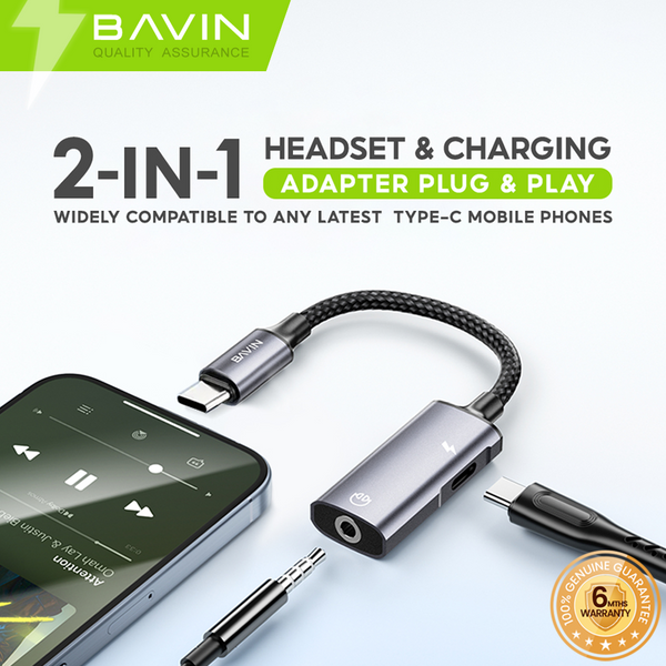 BAVIN AUX51 USB-C Adapter Splitter TYPE-C+3.5mm Jack Audio & Charger D