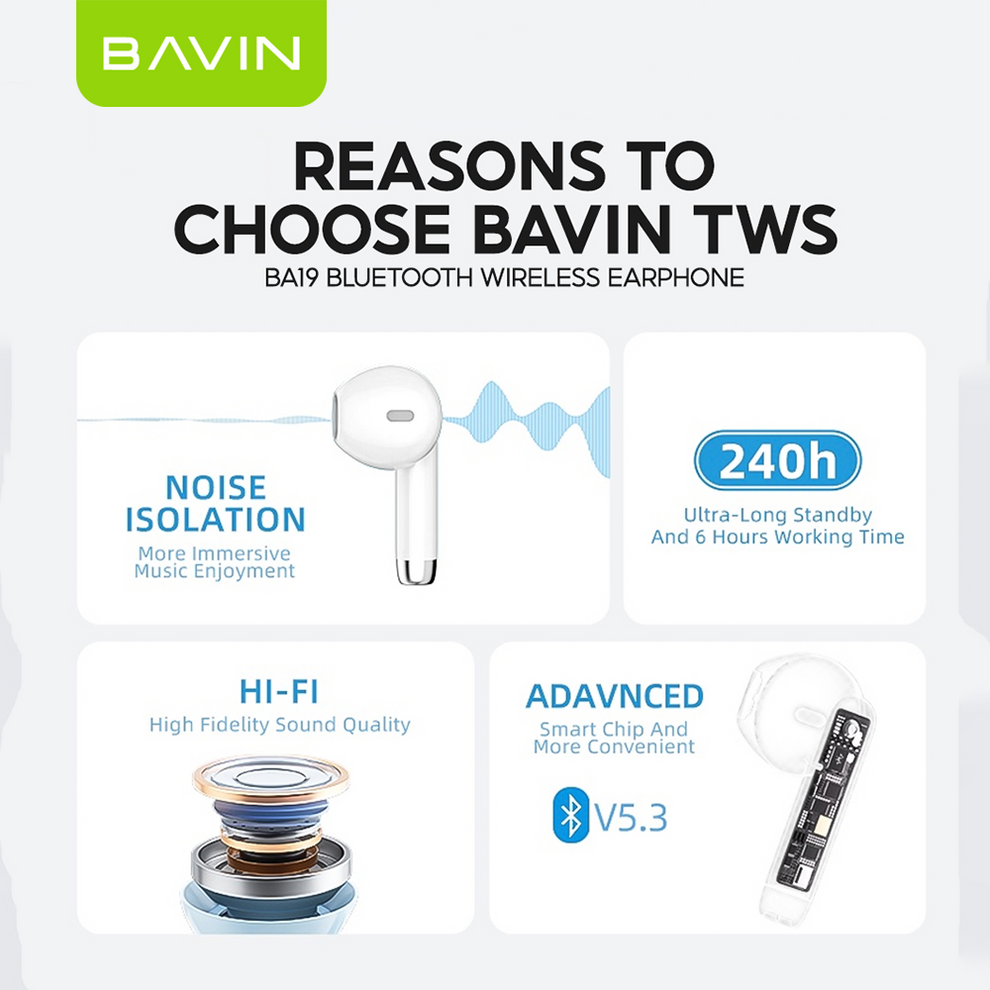 BAVIN BA19 TWS Bluetooth Earphone High Stereo Sound Wireless Earphones