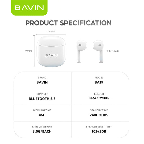 BAVIN BA19 TWS Bluetooth Earphone High Stereo Sound Wireless Earphones