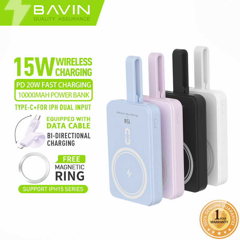 BAVIN Y-PC1086 10000mAh Wireless Magnetic Powerbank w/ Built-In Cable